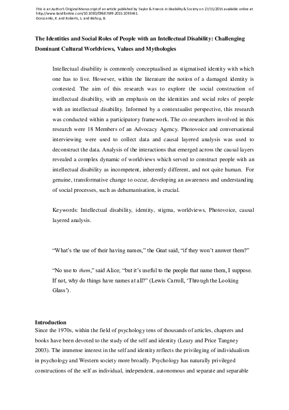 (PDF) The identities and social roles of people with an intellectual ...