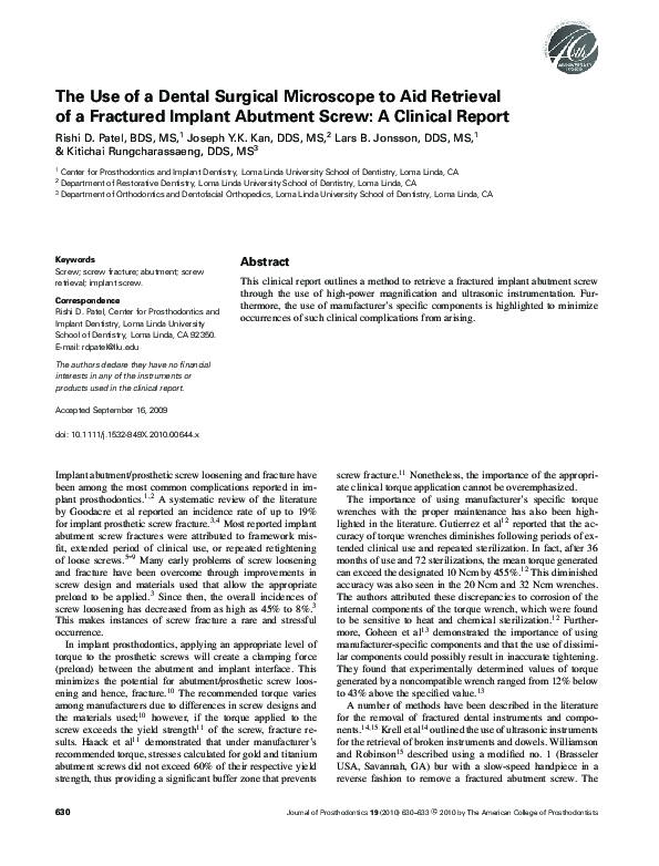 (PDF) The Use of a Dental Surgical Microscope to Aid Retrieval of a ...