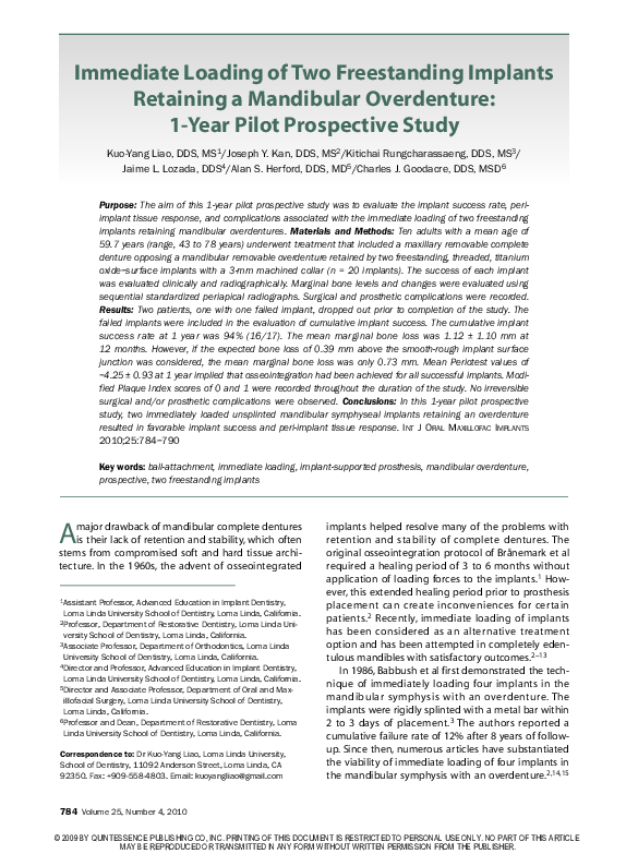 (PDF) Immediate loading of two freestanding implants retaining a mandibular overdenture: 1-year ...