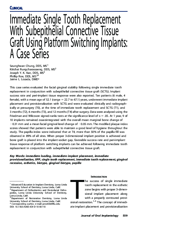 (PDF) Immediate Single Tooth Replacement With Subepithelial Connective Tissue Graft Using ...