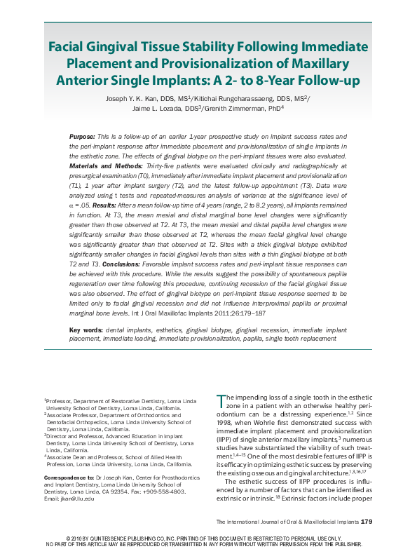 (PDF) Facial gingival tissue stability following immediate placement and provisionalization of ...
