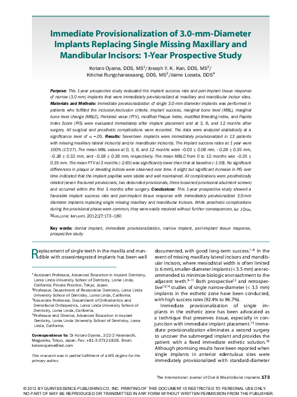 (PDF) Immediate provisionalization of 3.0-mm-diameter implants replacing single missing ...