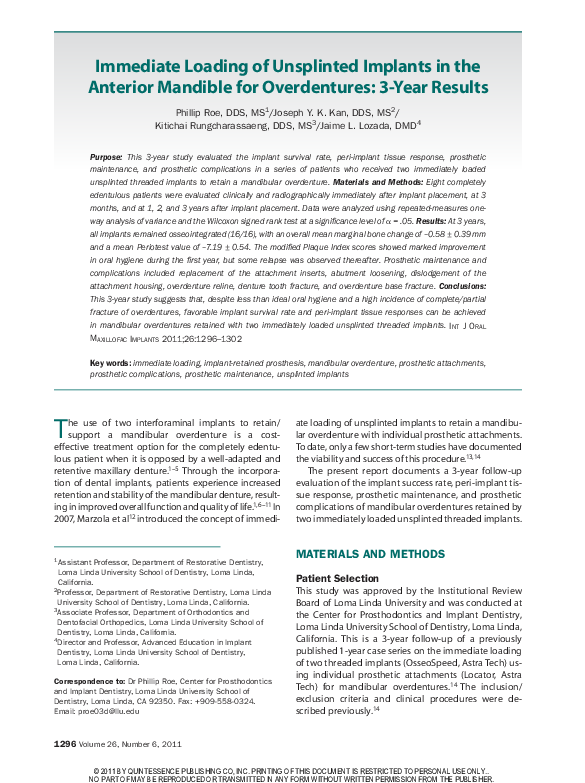 (PDF) Immediate loading of unsplinted implants in the anterior mandible for overdentures: 3-year ...