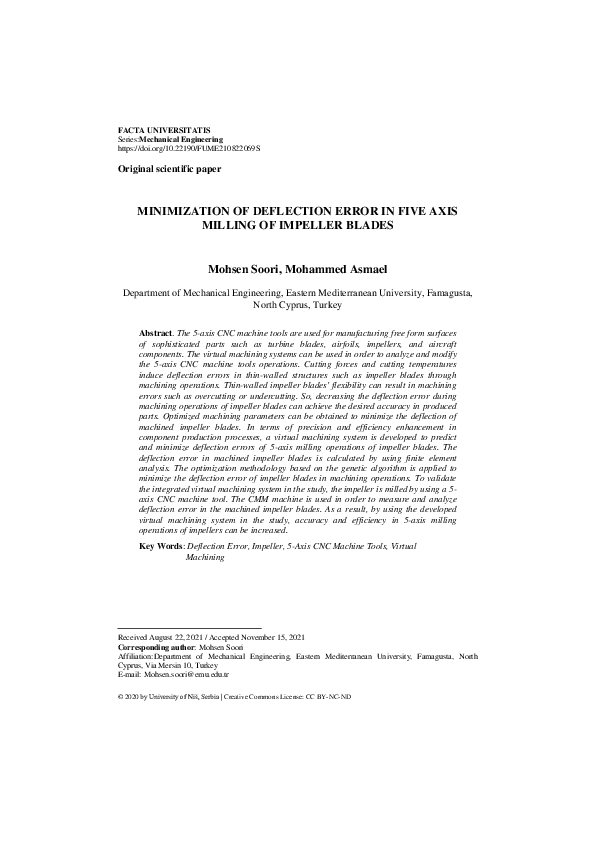 Pdf Minimization Of Deflection Error In Five Axis Milling Of Impeller Blades