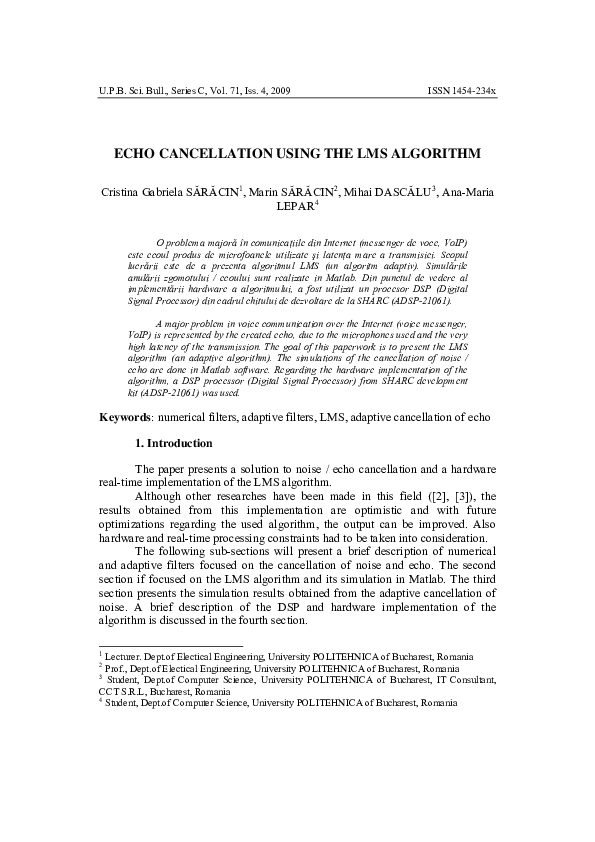 Pdf Echo Cancellation Using The Lms Algorithm Cristina Saracin