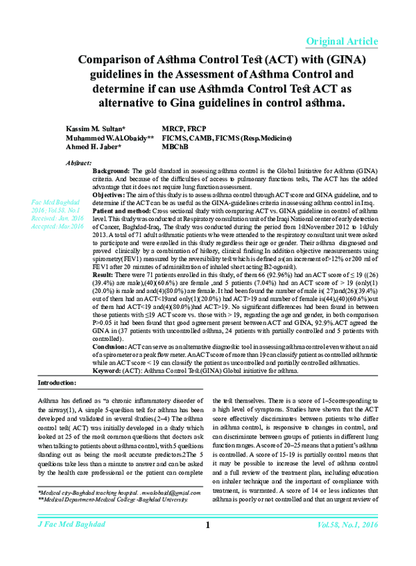 (PDF) Comparison of Asthma Control Test (ACT) with (GINA) guidelines in ...