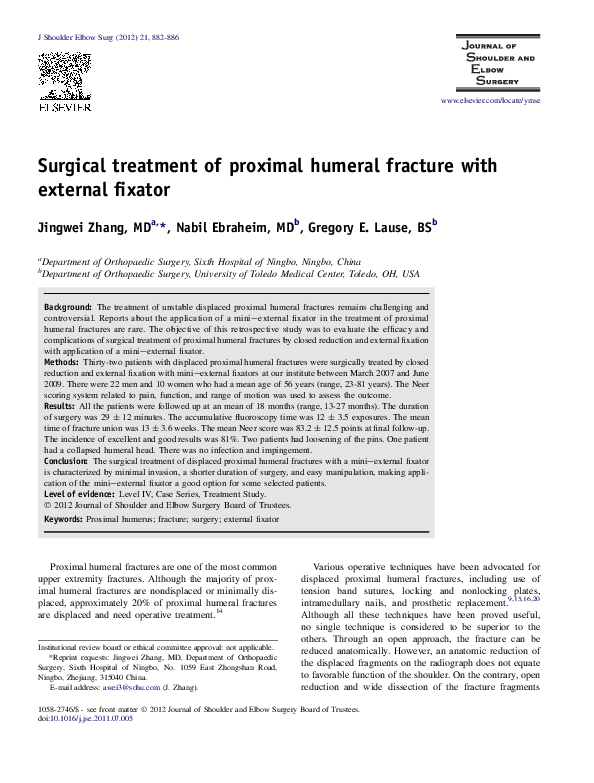 (PDF) Surgical treatment of proximal humeral fracture with external fixator