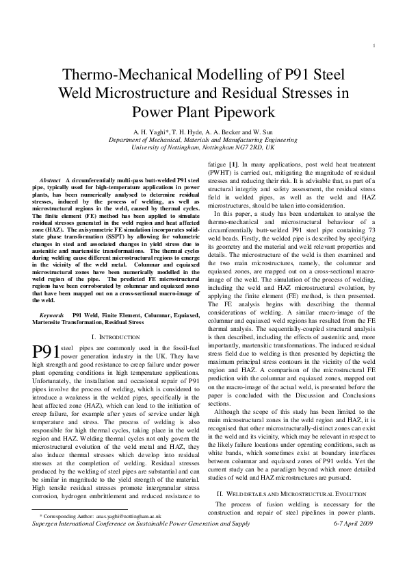 (PDF) Thermomechanical modelling of P91 steel weld microstructure and ...