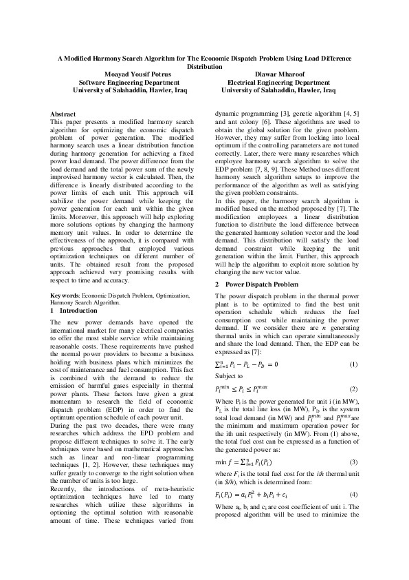 (PDF) A Modified Harmony Search Algorithm for The Economic Dispatch Problem Using Load ...
