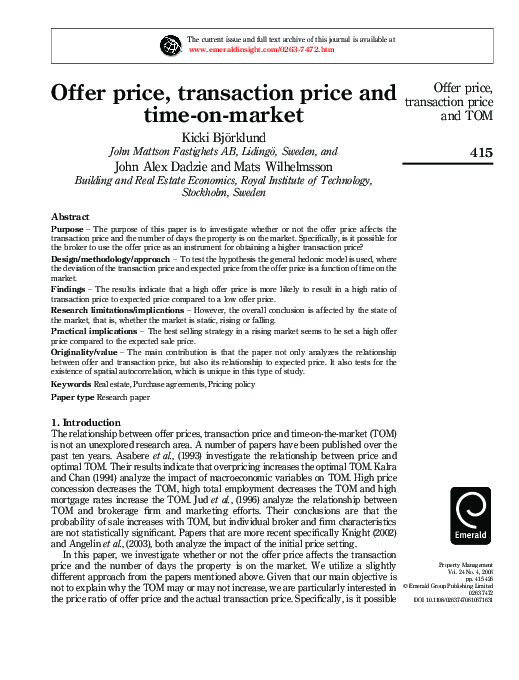 (PDF) Offer price, transaction price and time-on-market