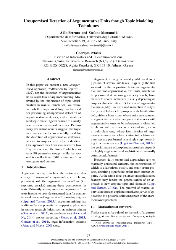 (PDF) Unsupervised Detection of Argumentative Units though Topic Modeling Techniques