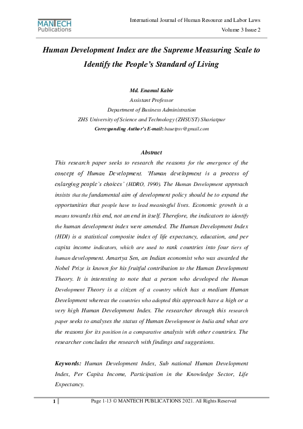 (PDF) Human Development Index are the Supreme Measuring Scale to ...