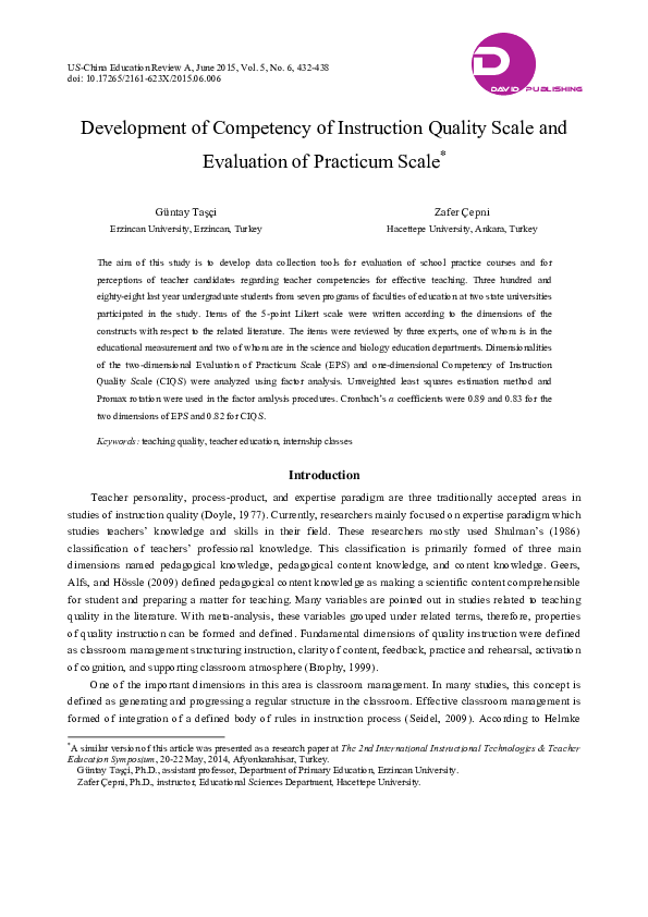 (PDF) Development of Competency of Instruction Quality Scale and ...