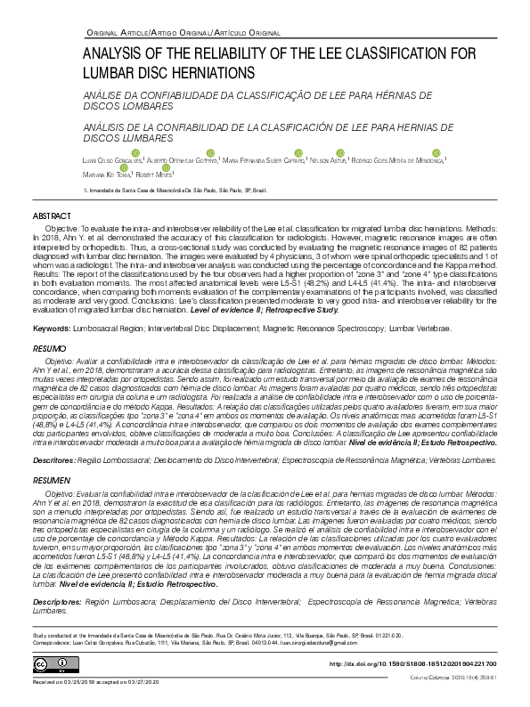 (PDF) Analysis of the Reliability of the Lee Classification for Lumbar ...