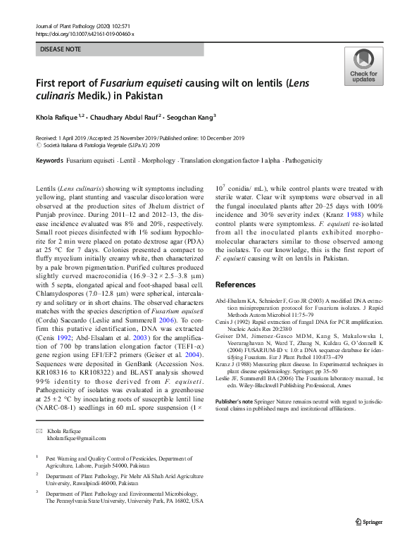 (PDF) First report of Fusarium equiseti causing wilt on lentils (Lens ...