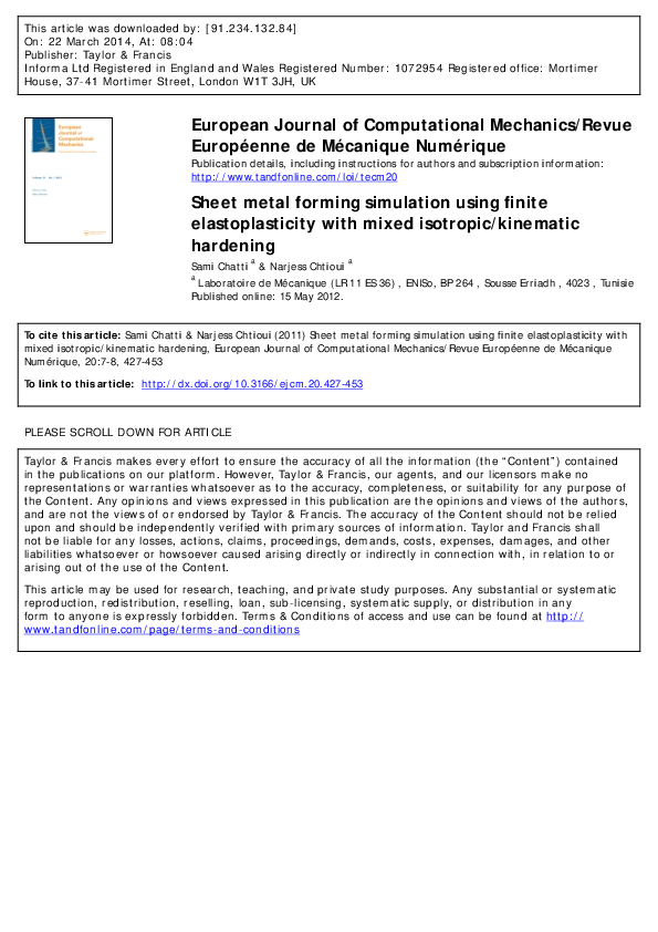 Pdf Sheet Metal Forming Simulation Using Finite Elastoplasticity With