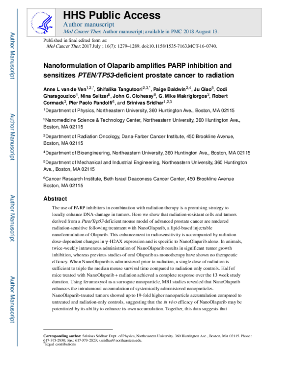 (PDF) Nanoformulation of Olaparib Amplifies PARP Inhibition and ...