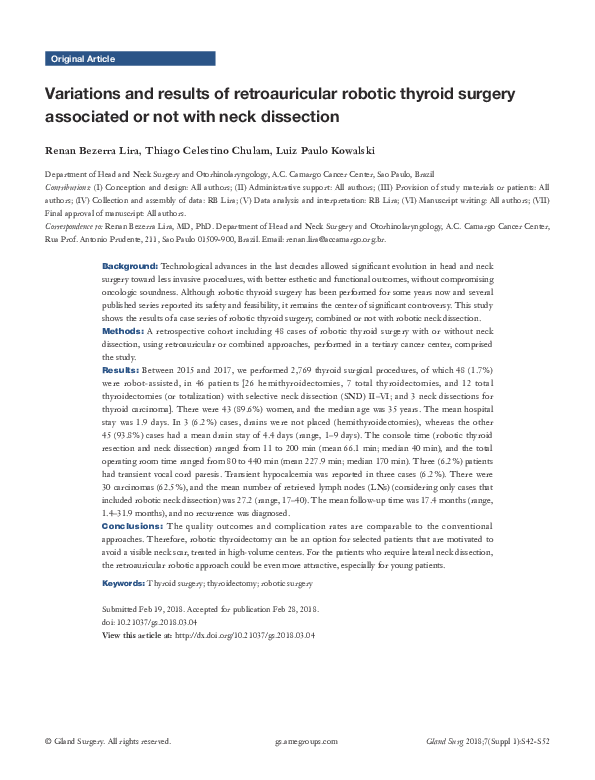 (PDF) Variations and results of retroauricular robotic thyroid surgery ...