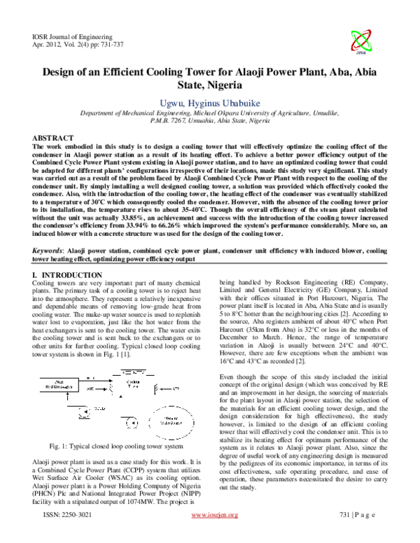 (PDF) Design of an Efficient Cooling Tower for Alaoji Power Plant, Aba ...