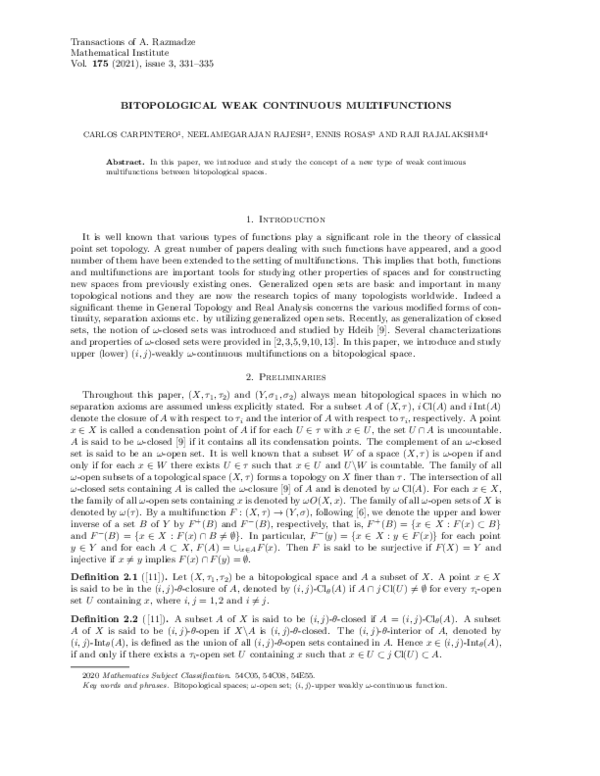 (PDF) BITOPOLOGICAL WEAK CONTINUOUS MULTIFUNCTIONS