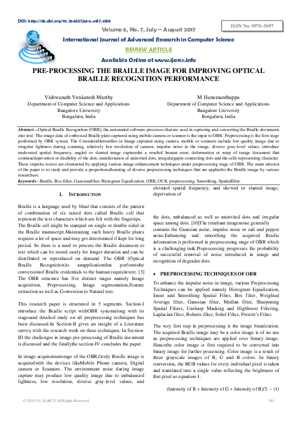 Pdf Pre Processing The Braille Image For Improving Optical Braille