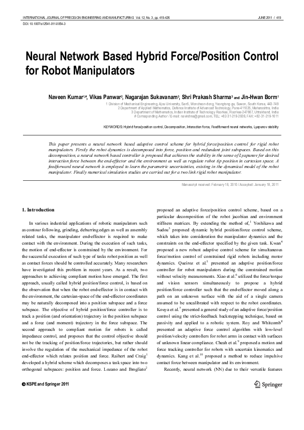 (PDF) Neural network based hybrid force/position control for robot manipulators