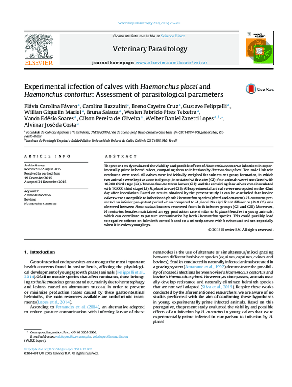 (PDF) Experimental infection of calves with Haemonchus placei and ...