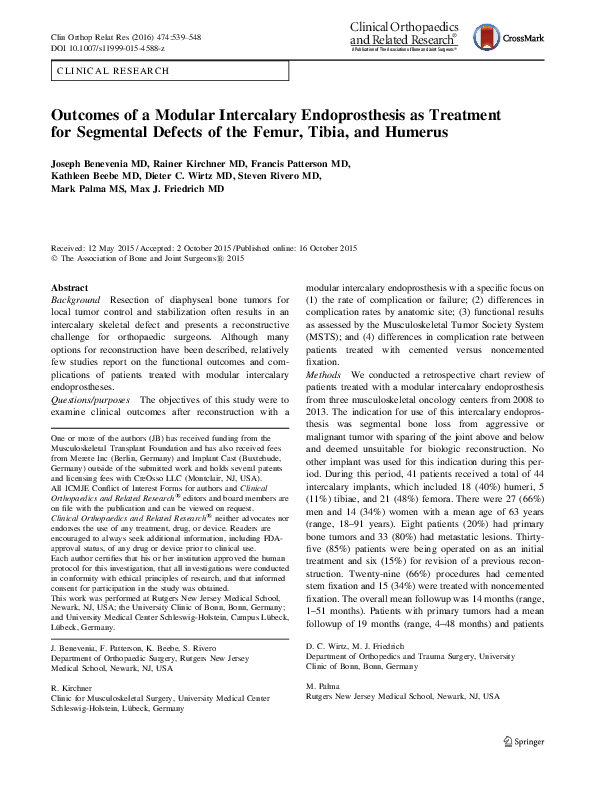 (PDF) Outcomes of a Modular Intercalary Endoprosthesis as Treatment for ...