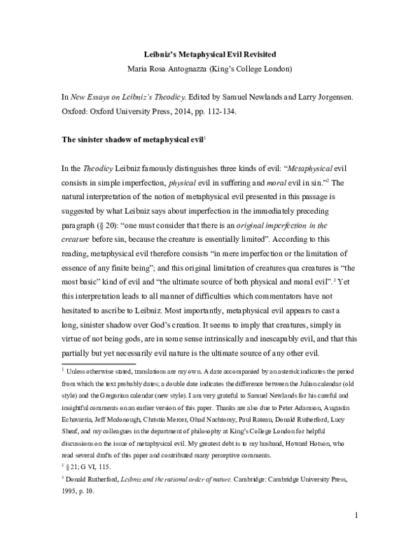 (DOC) Leibniz’s Metaphysical Evil Revisited