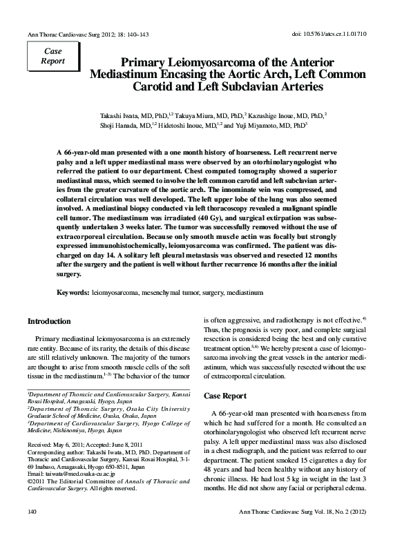 (PDF) Primary Leiomyosarcoma of the Anterior Mediastinum Encasing the Aortic Arch, Left Common ...