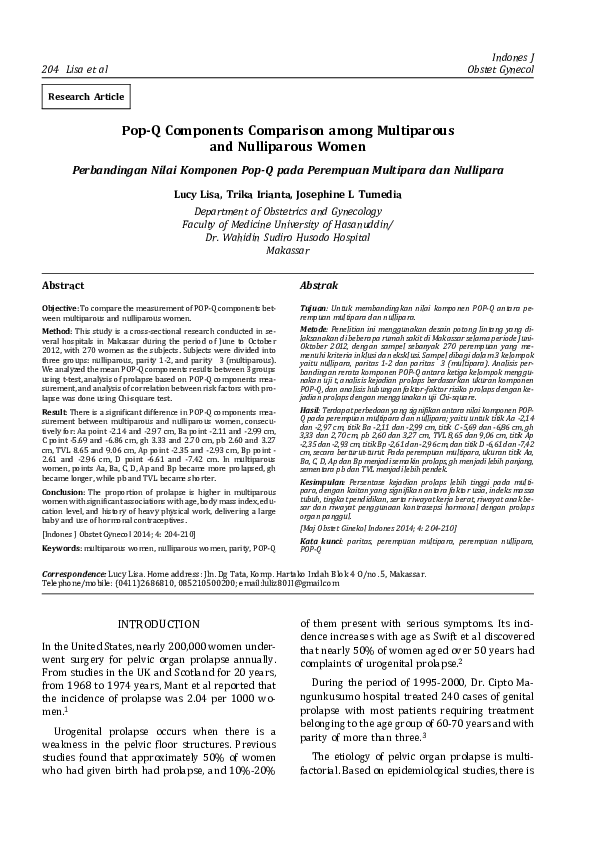 (PDF) Pop-Q Components Comparison among Multiparous and Nulliparous Women