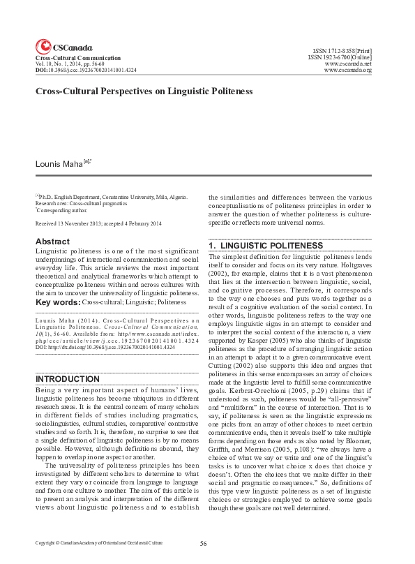 (PDF) Cross-Cultural Perspectives on Linguistic Politeness | maya ...