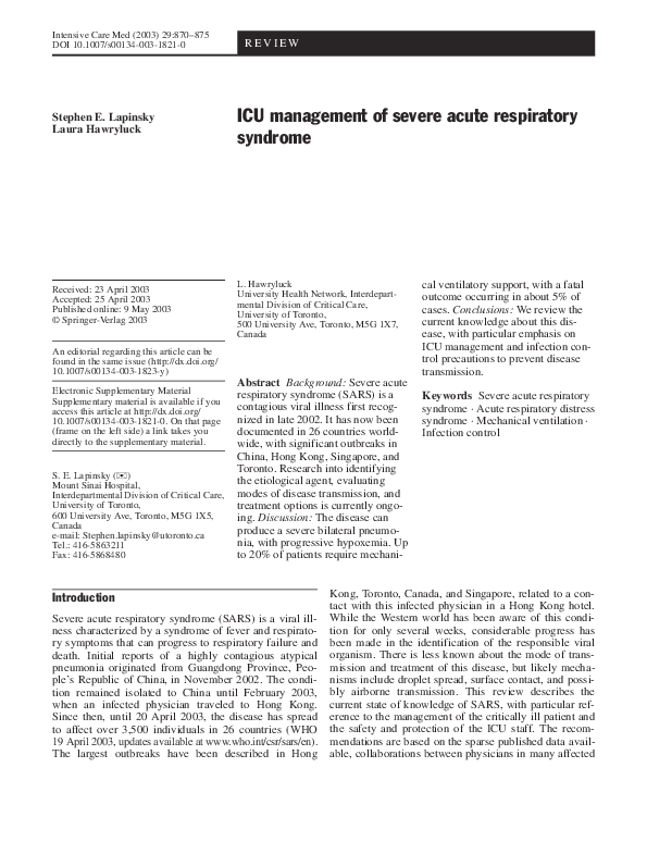 (PDF) ICU management of severe acute respiratory syndrome