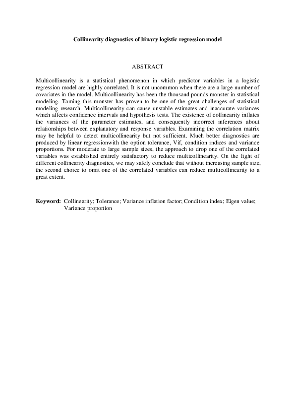 (PDF) Collinearity diagnostics of binary logistic regression model