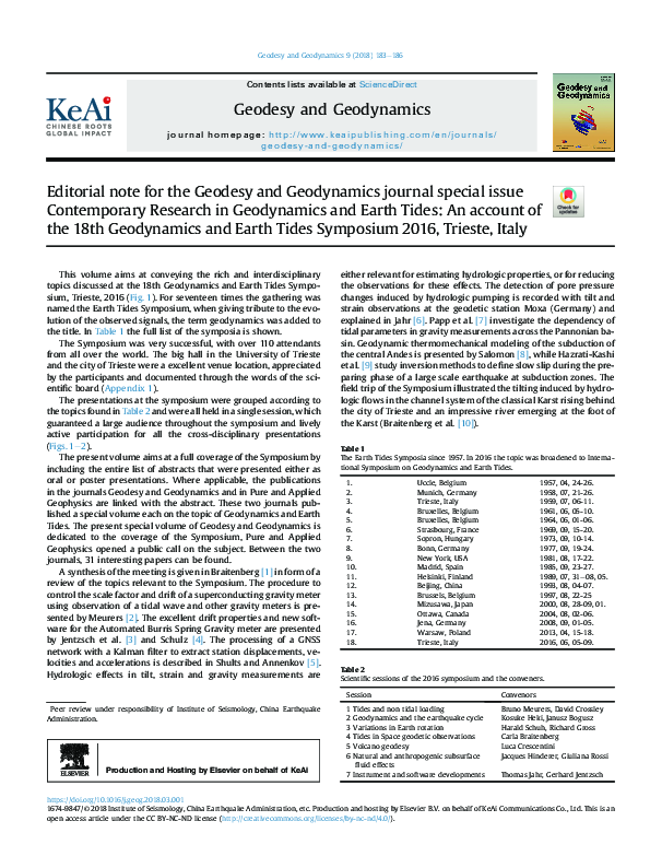 (PDF) Editorial note for the Geodesy and Geodynamics journal special issue