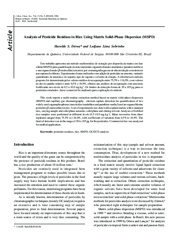 (PDF) Analysis of pesticide residues in rice using matrix solid-phase dispersion (MSPD)
