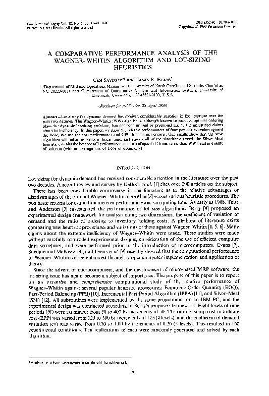 Pdf A Comparative Performance Analysis Of The Wagner Whitin Algorithm And Lot Sizing Heuristics