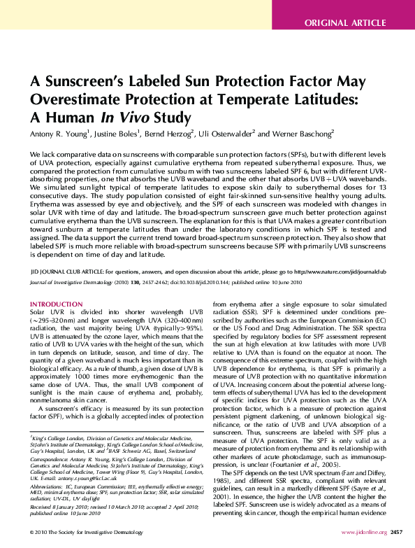 (PDF) A Sunscreen's Labeled Sun Protection Factor May Overestimate ...