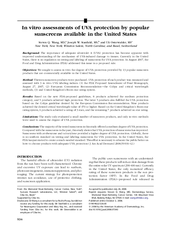(PDF) In vitro assessments of UVA protection by popular sunscreens ...