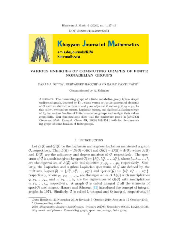 (PDF) VARIOUS ENERGIES OF COMMUTING GRAPHS OF FINITE NONABELIAN GROUPS