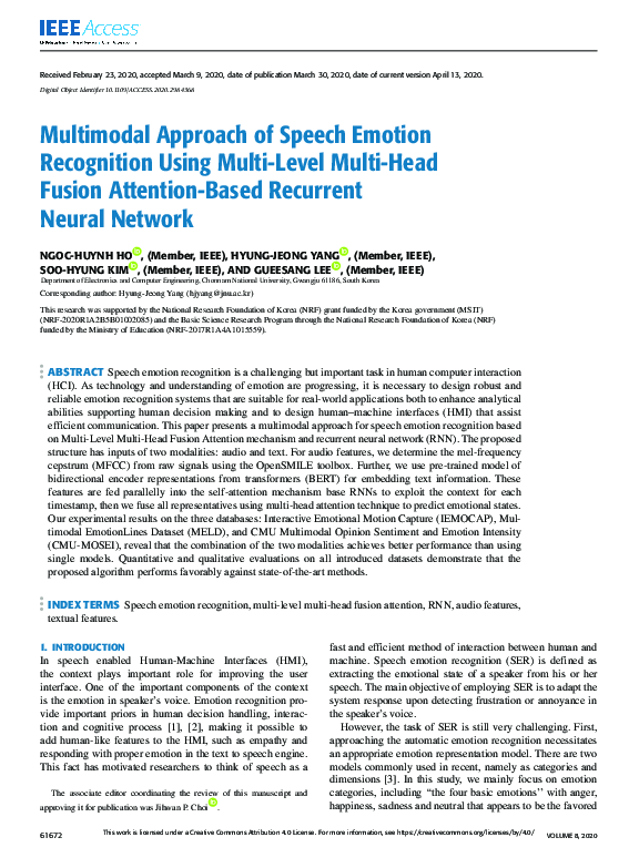 Pdf Multimodal Approach Of Speech Emotion Recognition Using Multi Level Multi Head Fusion