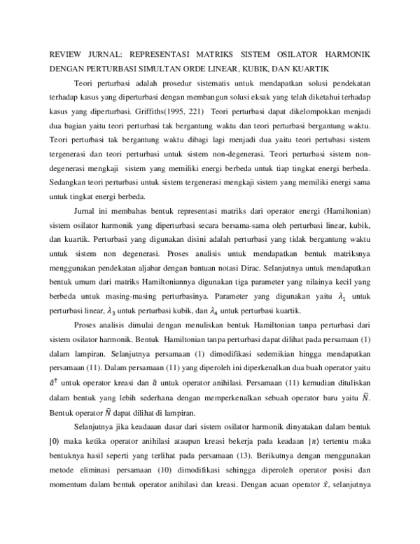 (PDF) REVIEW JURNAL: REPRESENTASI MATRIKS SISTEM OSILATOR HARMONIK DENGAN PERTURBASI SIMULTAN ...