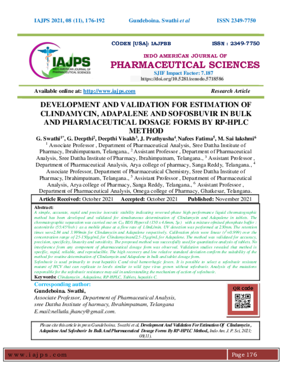 (PDF) DEVELOPMENT AND VALIDATION FOR ESTIMATION OF CLINDAMYCIN, ADAPALENE AND SOFOSBUVIR IN BULK ...