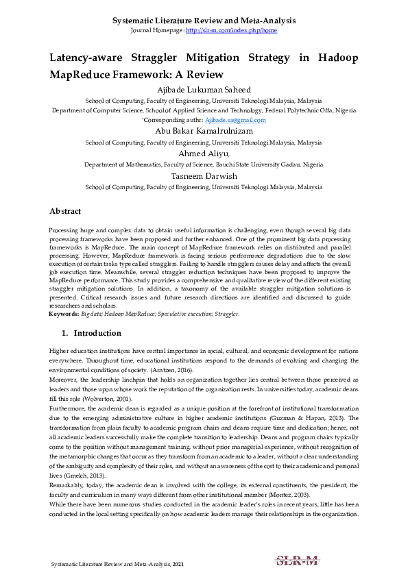 Pdf Latency Aware Straggler Mitigation Strategy In Hadoop Mapreduce Framework A Review