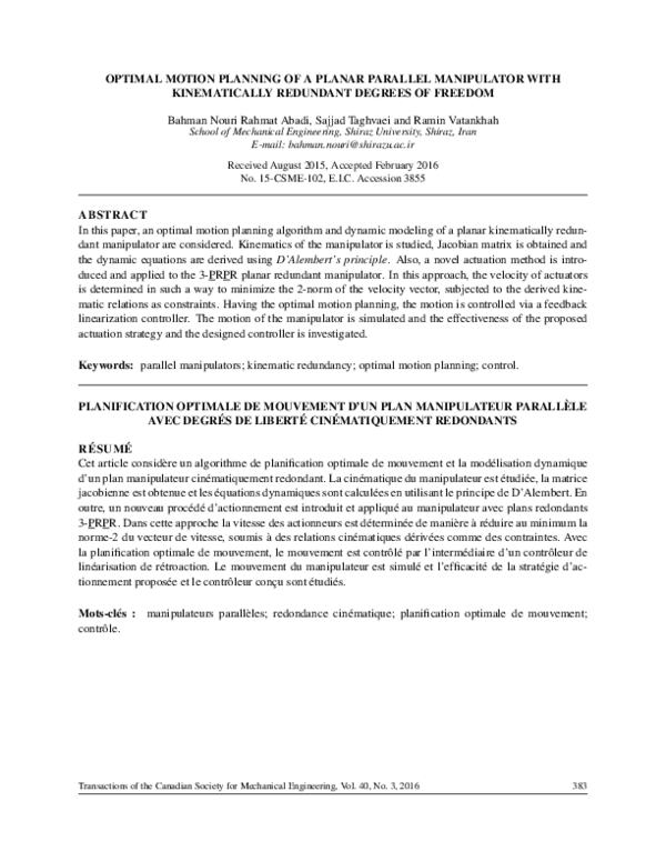 Pdf Optimal Motion Planning Of A Planar Parallel Manipulator With Kinematically Redundant
