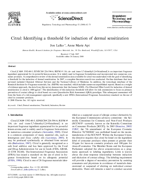 (PDF) Citral: Identifying a threshold for induction of dermal sensitization