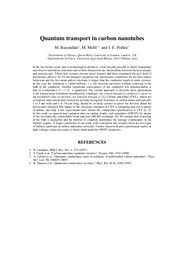 (PDF) Quantum transport in carbon nanotubes