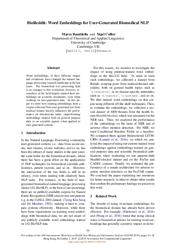 Pdf Bioreddit Word Embeddings For User Generated Biomedical Nlp