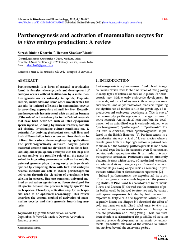 Pdf Parthenogenesis And Activation Of Mammalian Oocytes For In Vitro Embryo Production A Review