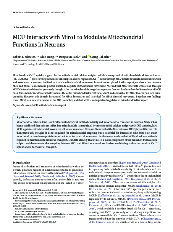 (PDF) MCU Interacts with Miro1 to Modulate Mitochondrial Functions in ...